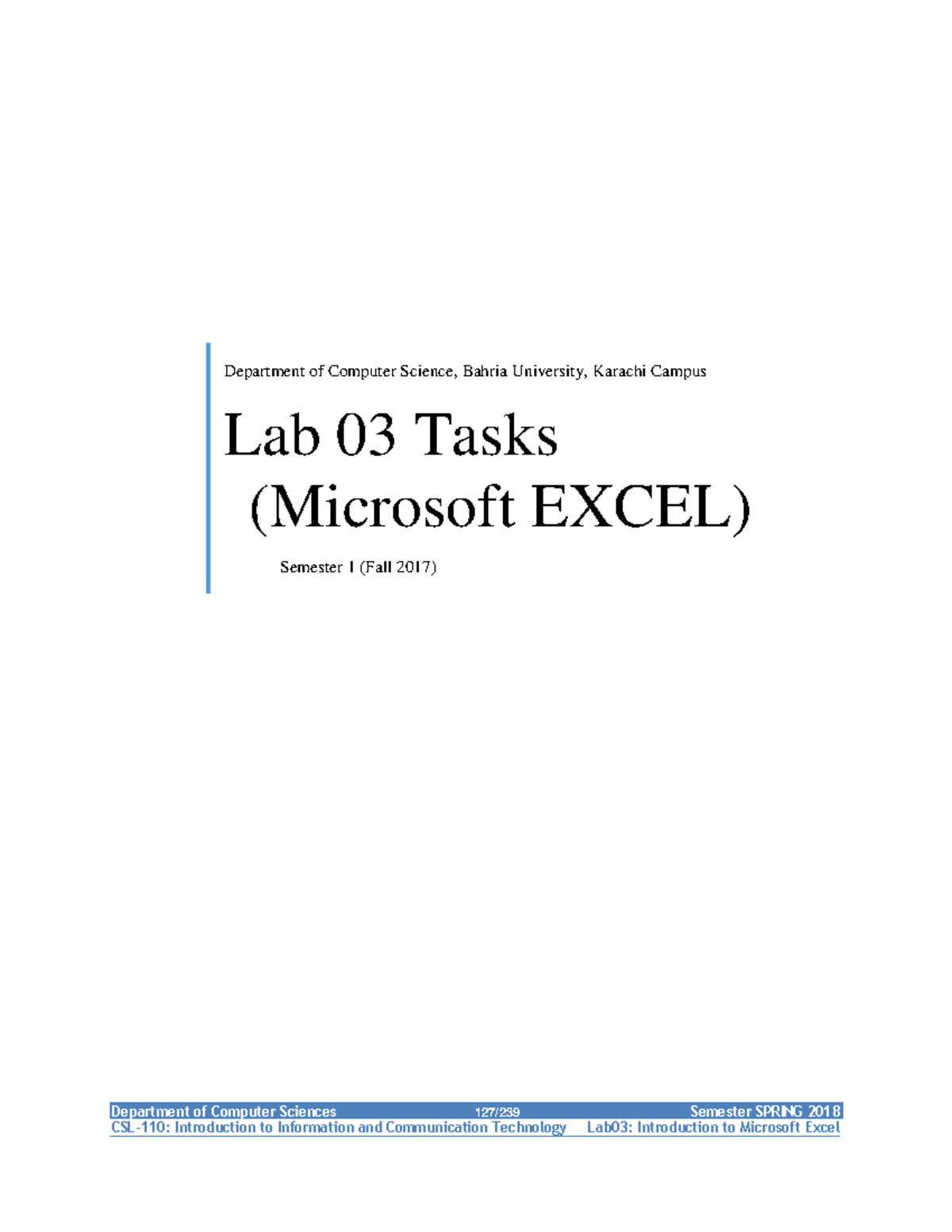 Ms excel tasks - Department of Computer Sciences 127 / 239 Semester SPRING 2018 Department of ...