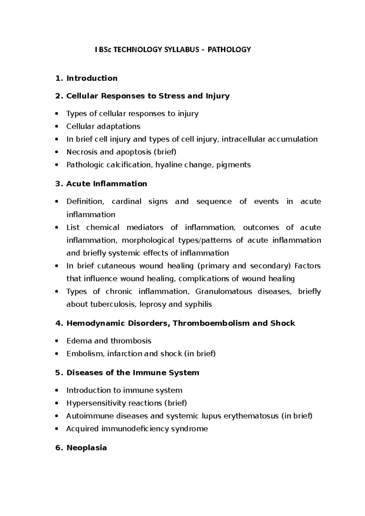 Pathology - Buisnesss - I BSc TECHNOLOGY SYLLABUS - PATHOLOGY ...