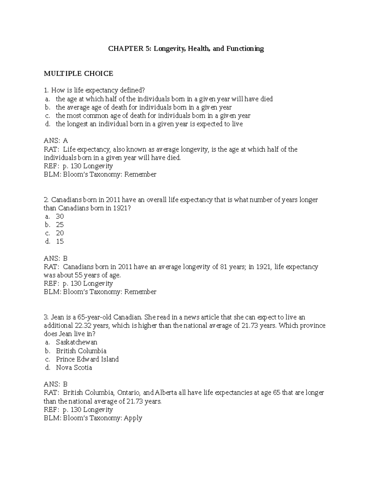 Ch05 Harper 1e TBstudy tips - CHAPTER 5: Longevity, Health, and ...