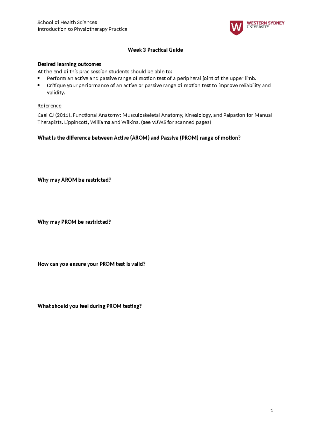Week 3 Practical Guide - idk - Introduction to Physiotherapy Practice ...