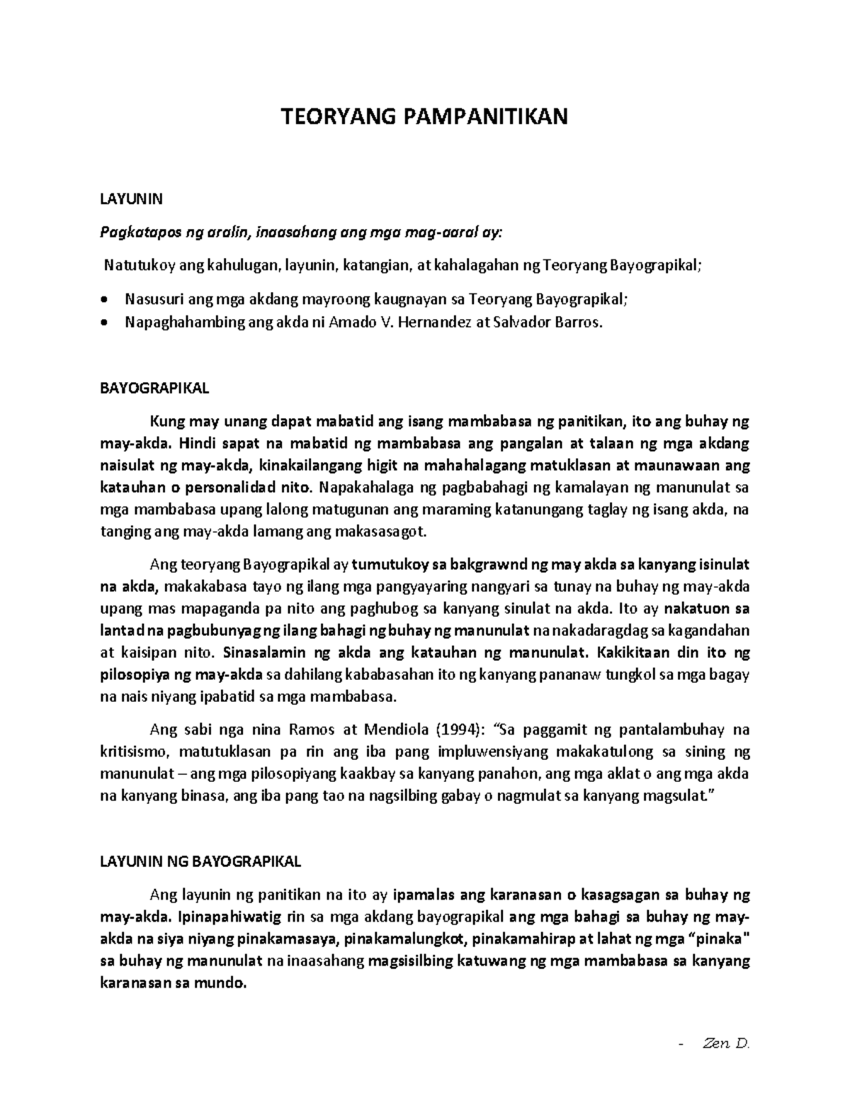 Teoryang Bayograpikal (Pagsusuri) - Zen D. TEORYANG PAMPANITIKAN ...