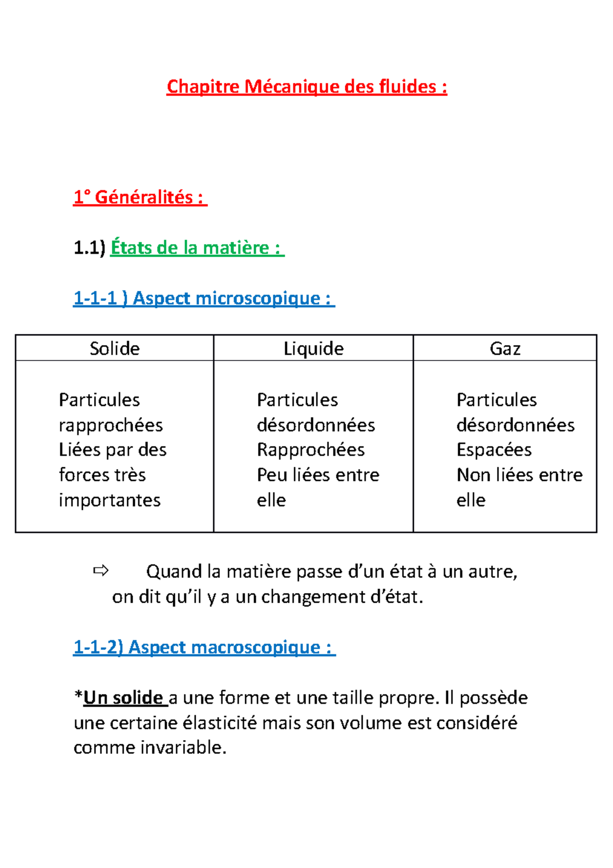 Mécanique des fluides - cours - Chapitre Mécanique des fluides : 1° Généralités : États de la ...