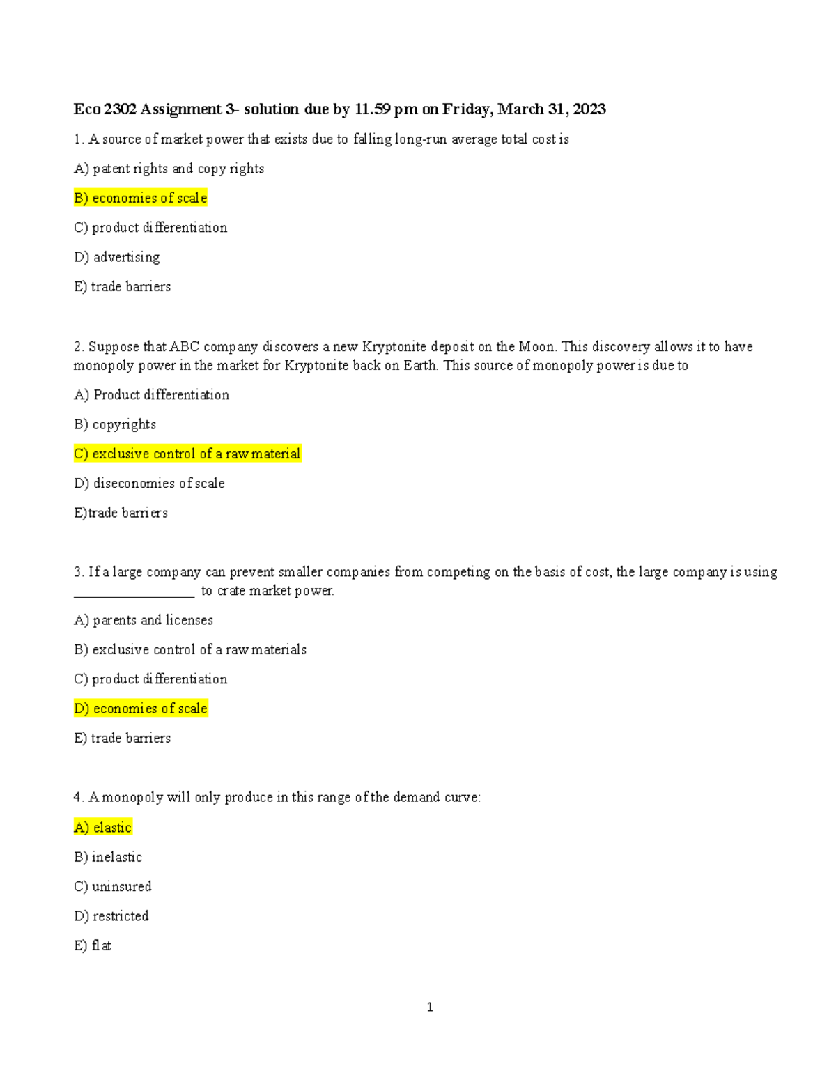 Micro Economics-Assignment 3-solutions - Eco 2302 Assignment 3 ...