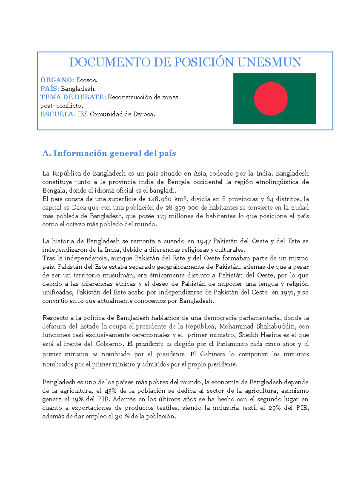 Documento de posición Bangladesh - DOCUMENTO DE POSICIÓN UNESMUN ÓRGANO: Ecosoc. PAÍS ...