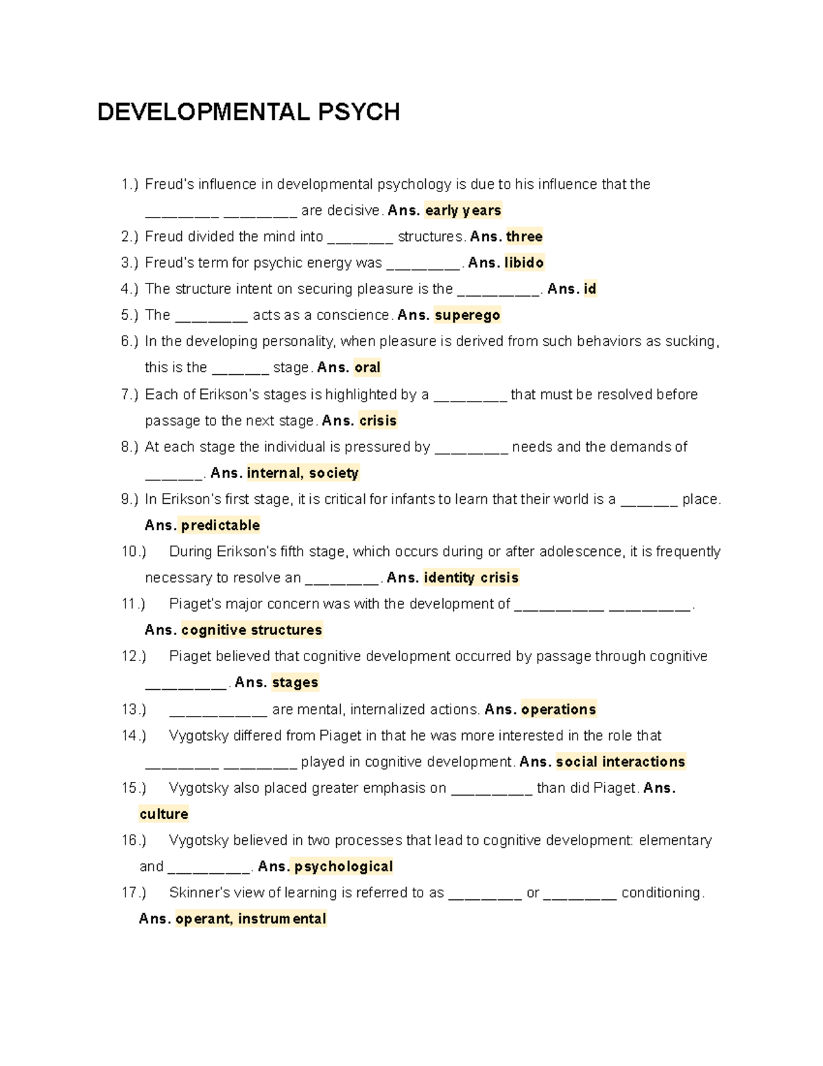 Developmental- Psych - From BSY12 - DEVELOPMENTAL PSYCH 1.) Freud’s ...