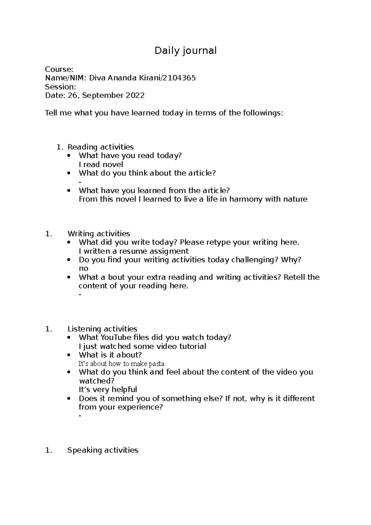 Daily journal at English Course to reflect student's understanding ...