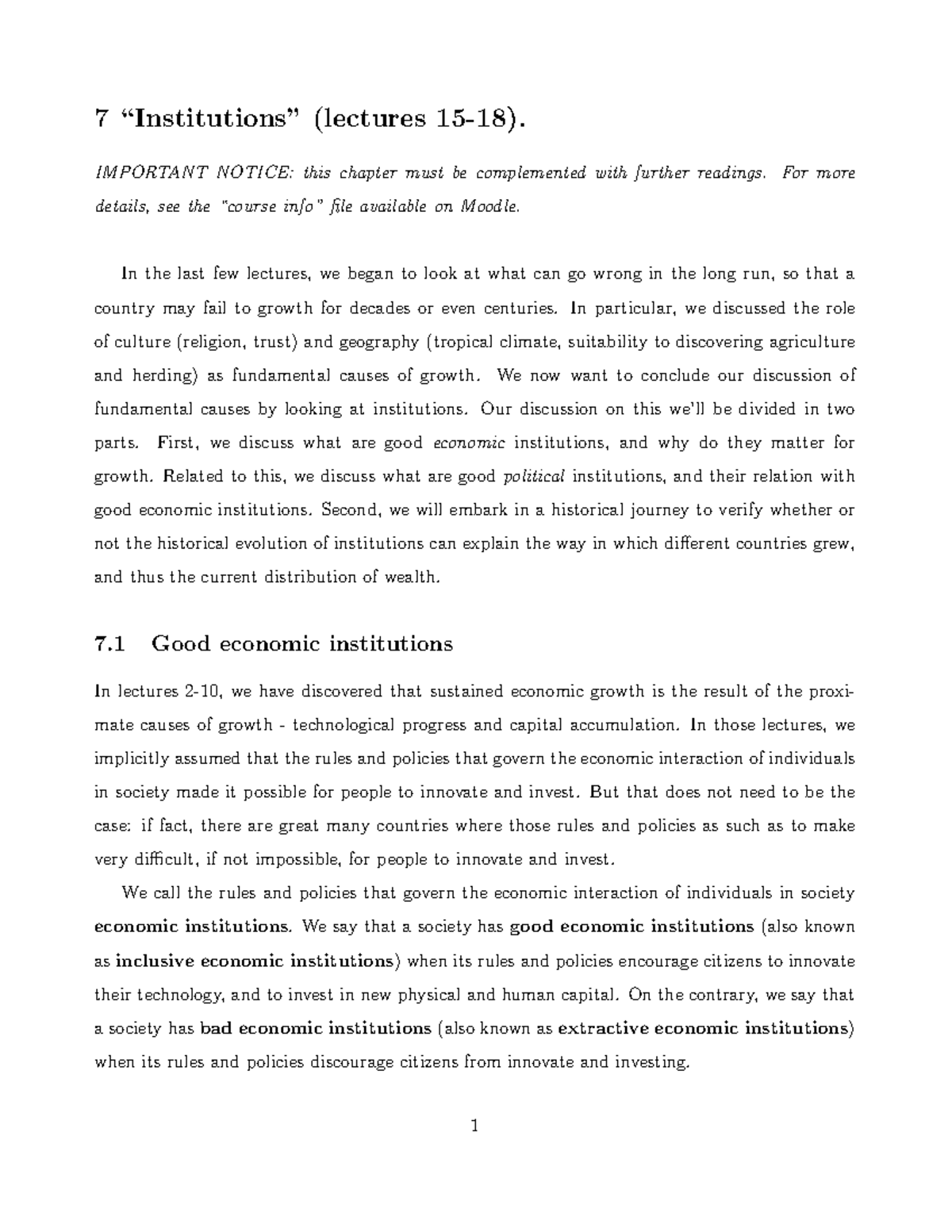 Lecture 15-18 notes - 7 “Institutions” (lectures 15-18). IMPORTANT ...