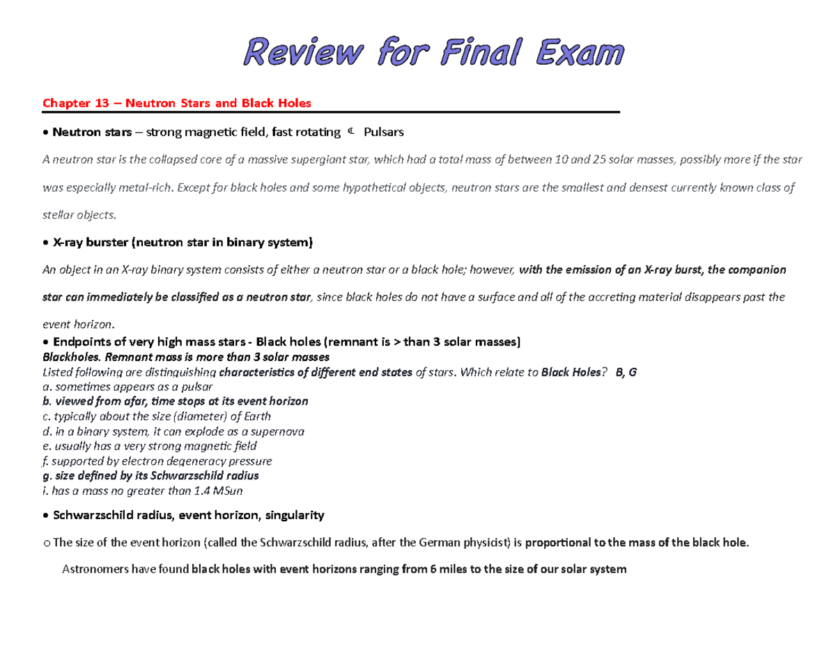 Final Exam - REVIEW NOTES - Chapter 13 – Neutron Stars and Black Holes ...