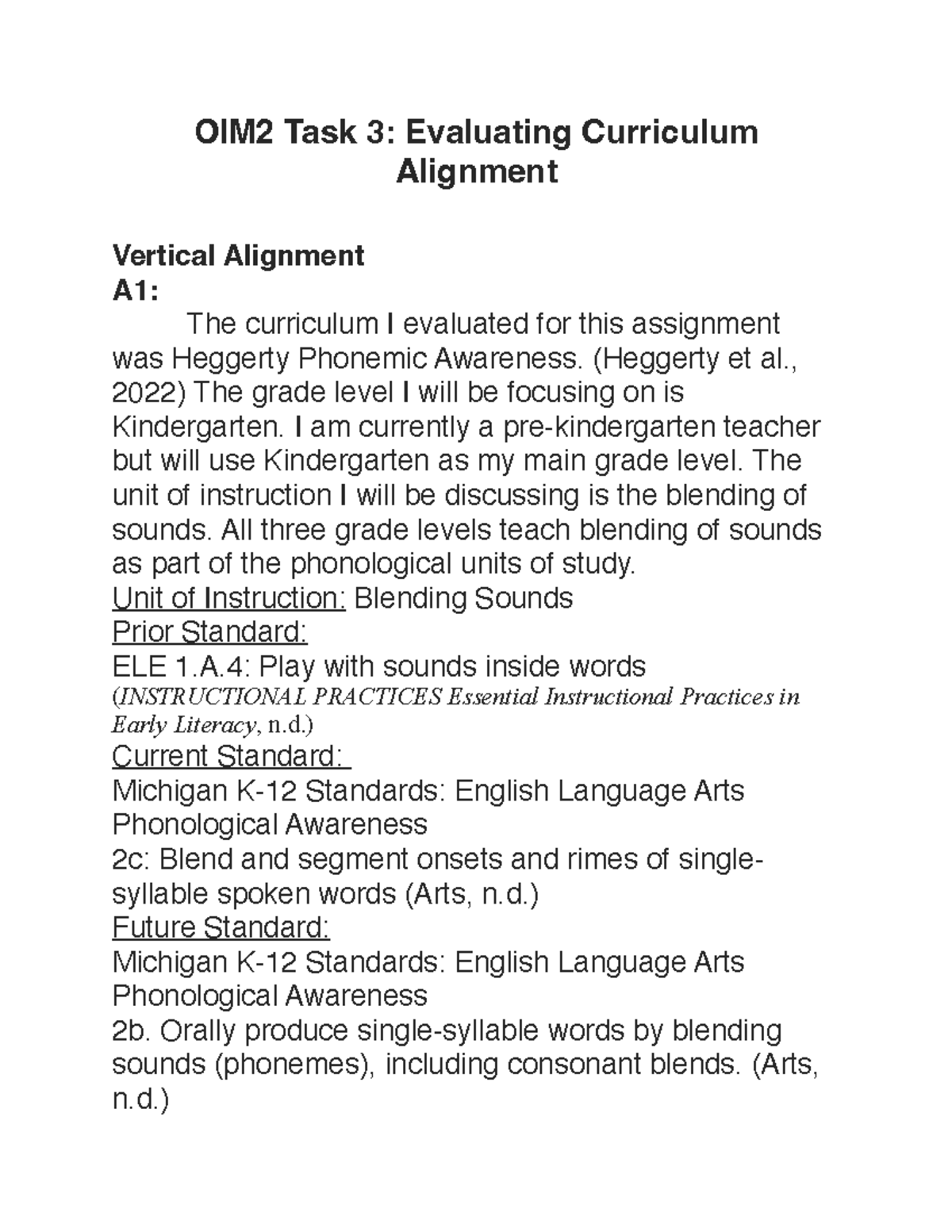 OIM2 Task 3 - OIM2 Task 3 - OIM2 Task 3: Evaluating Curriculum Alignment Vertical Alignment A1 ...