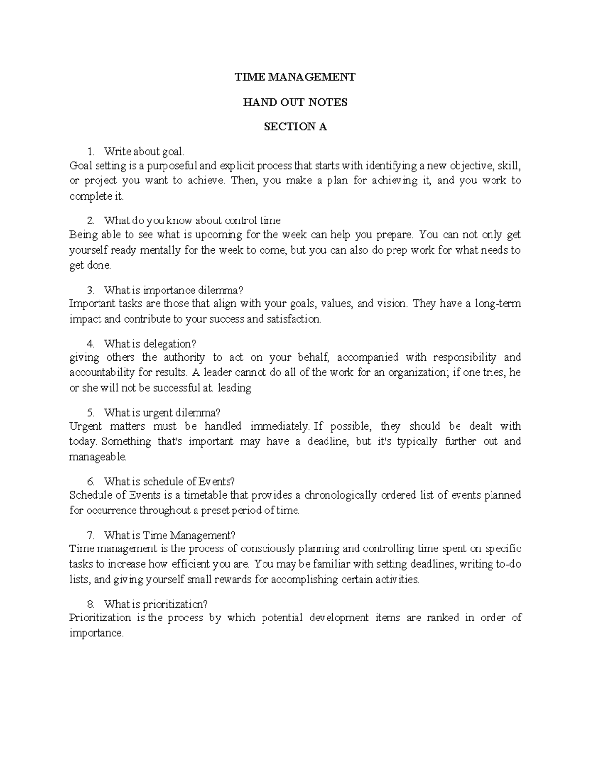 HAND OUT Notes TIME Management - TIME MANAGEMENT HAND OUT NOTES SECTION ...