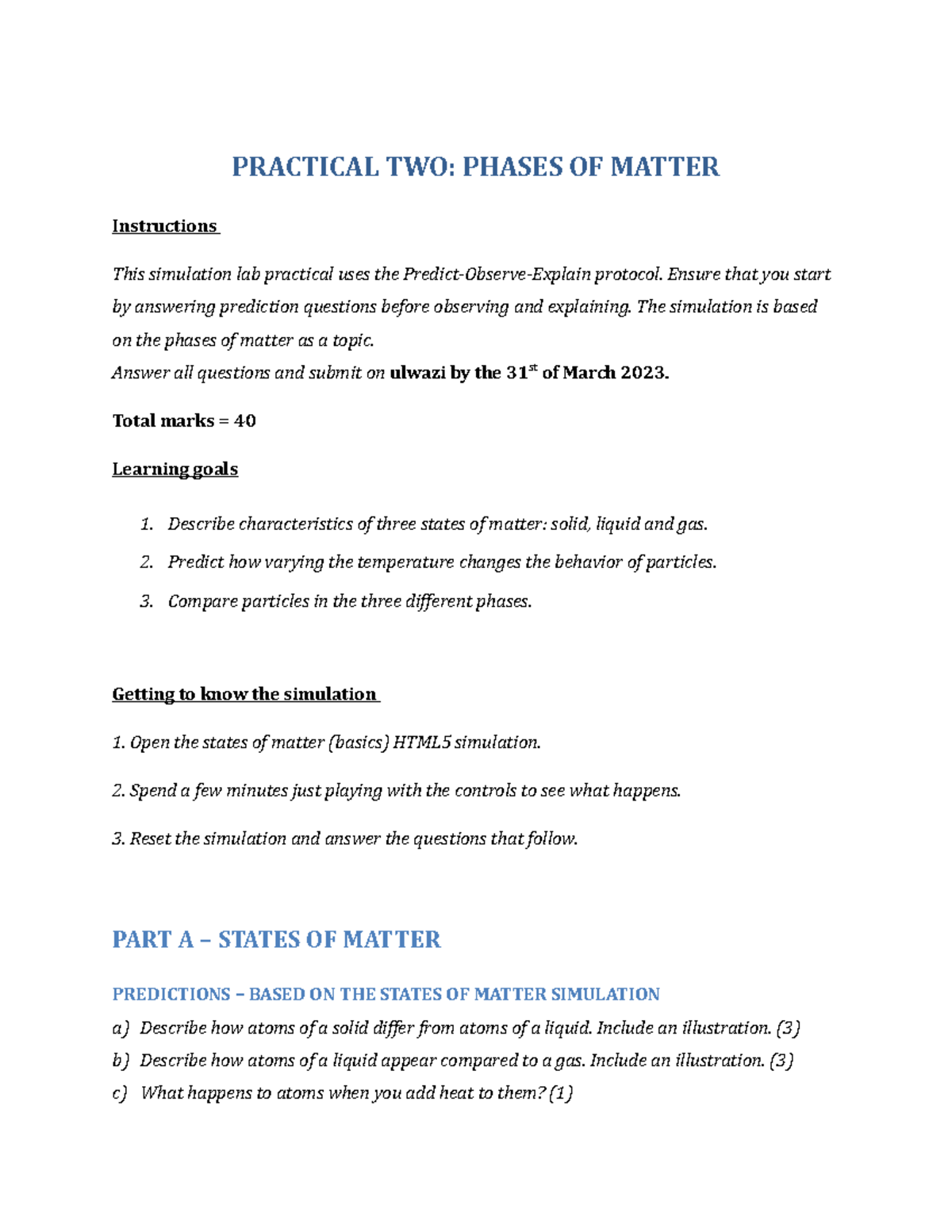 Phases of matter simulation - PRACTICAL TWO: PHASES OF MATTER ...