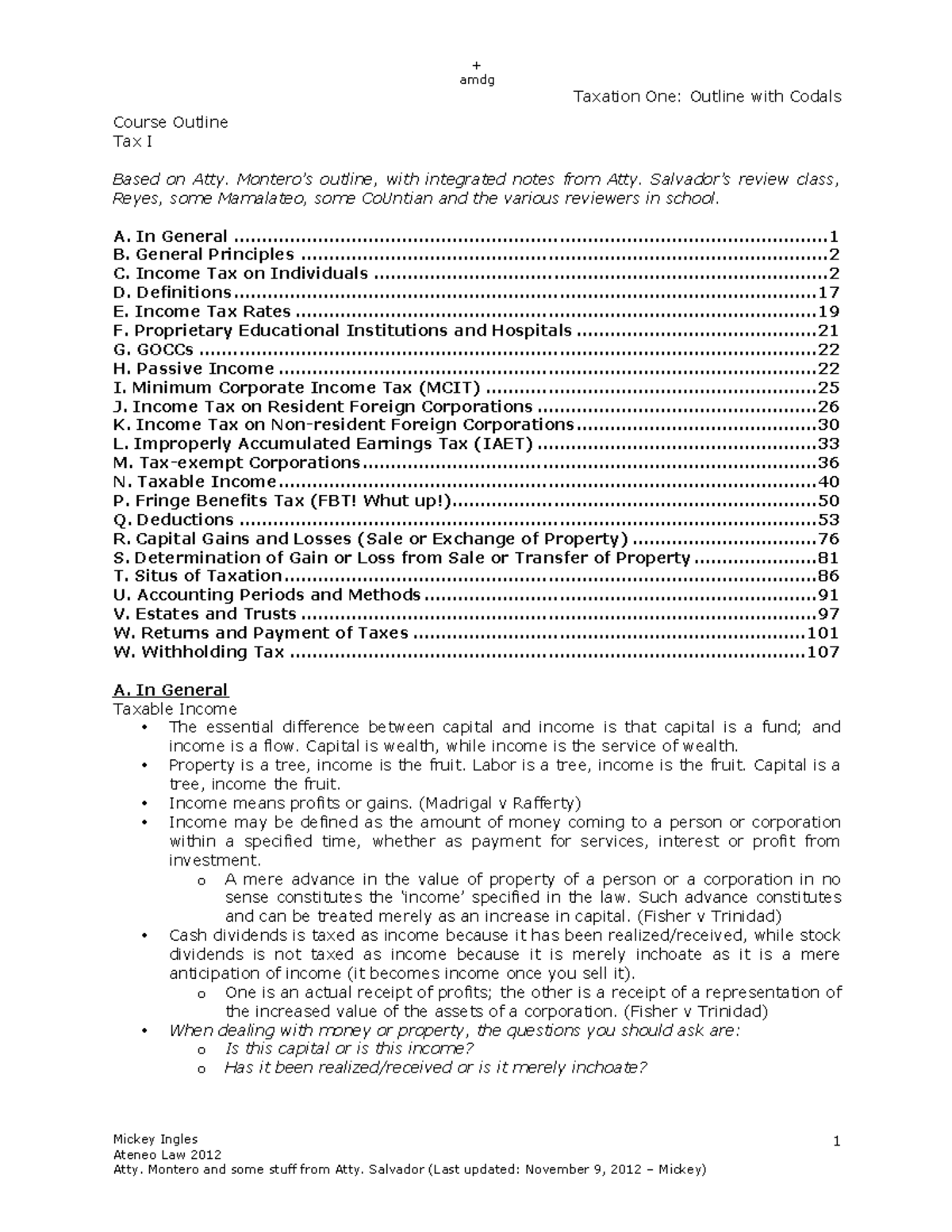 Income Taxation Notes Complete - amdg Taxation One: Outline with Codals ...