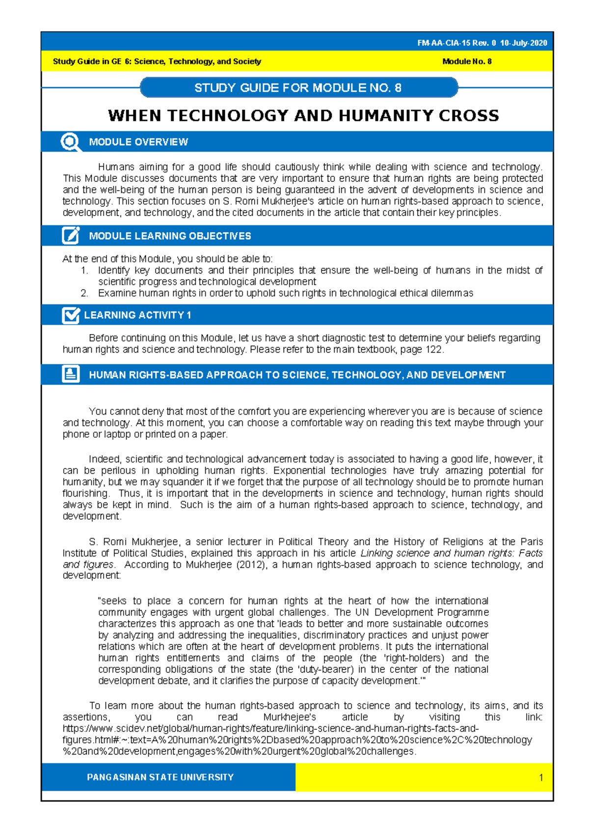 8 Study Guide 8 - STUDY GUIDE FOR MODULE NO. 8 Study Guide in GE 6: Science, Technology, and ...