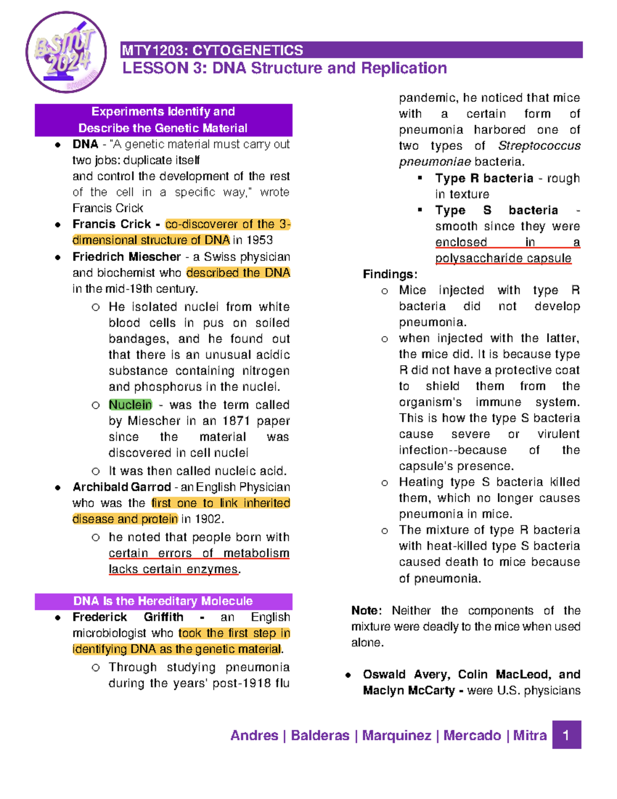 Lesson 3 - DNA Structure and Replication - MTY1203: CYTOGENETICS LESSON ...