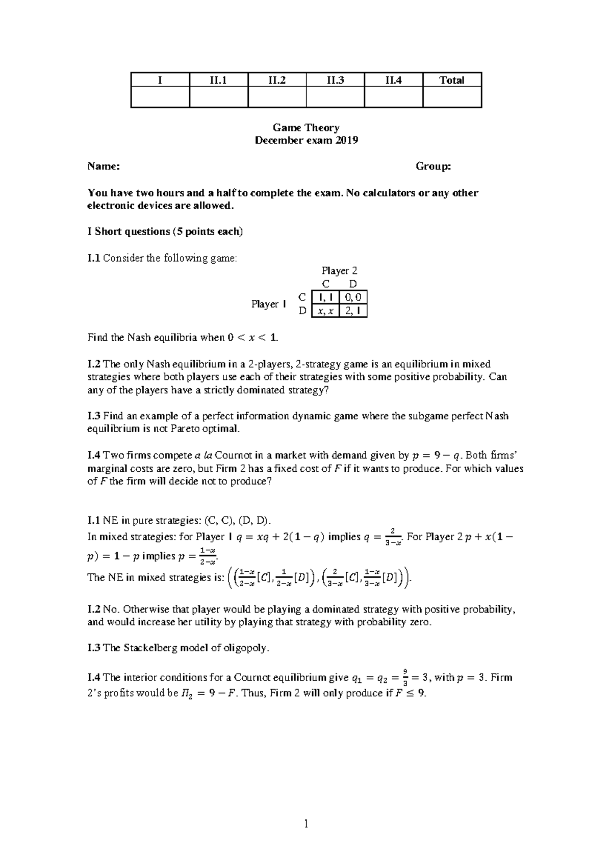Exam solution december ENG 2019 - I II II II II Total Game Theory ...