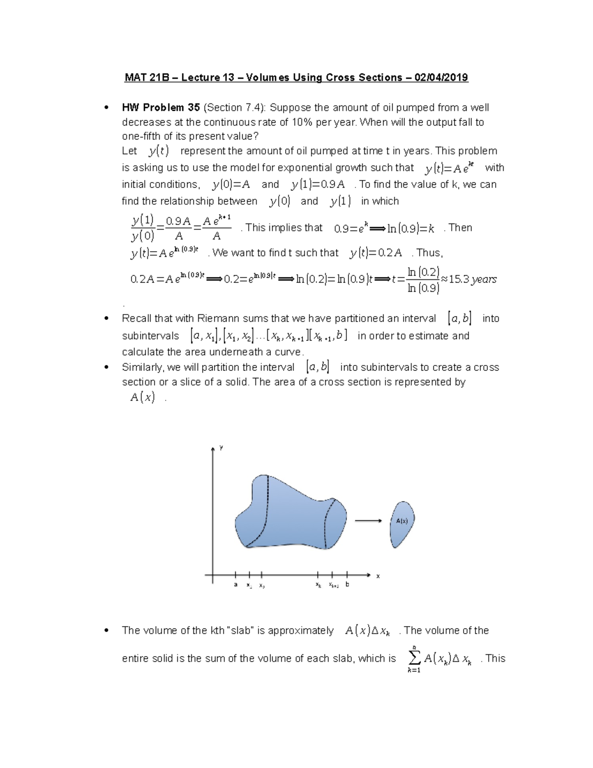 MAT 21B – Lecture 13 – Volumes Using Cross Sections - MAT 21B – Lecture ...