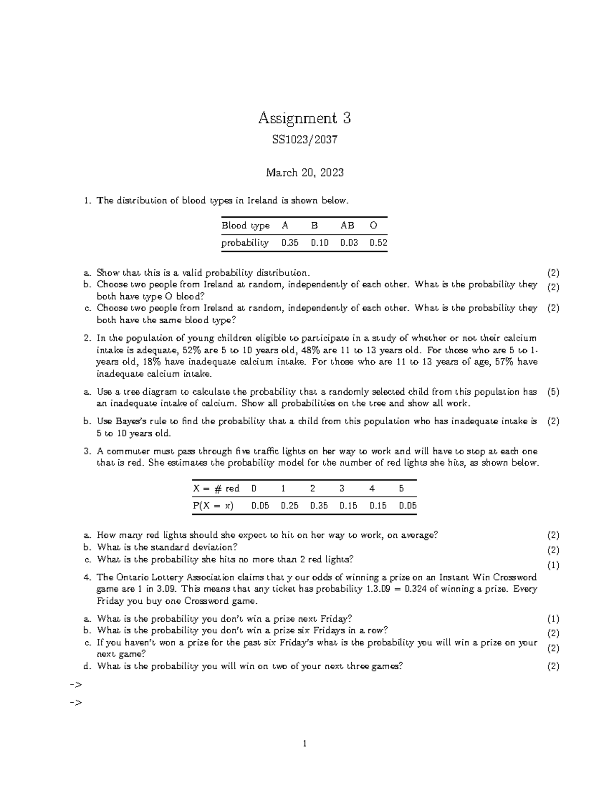 Assignment 3 - Stats - Assignment 3 SS1023/ March 20, 2023 The distribution of blood types in ...
