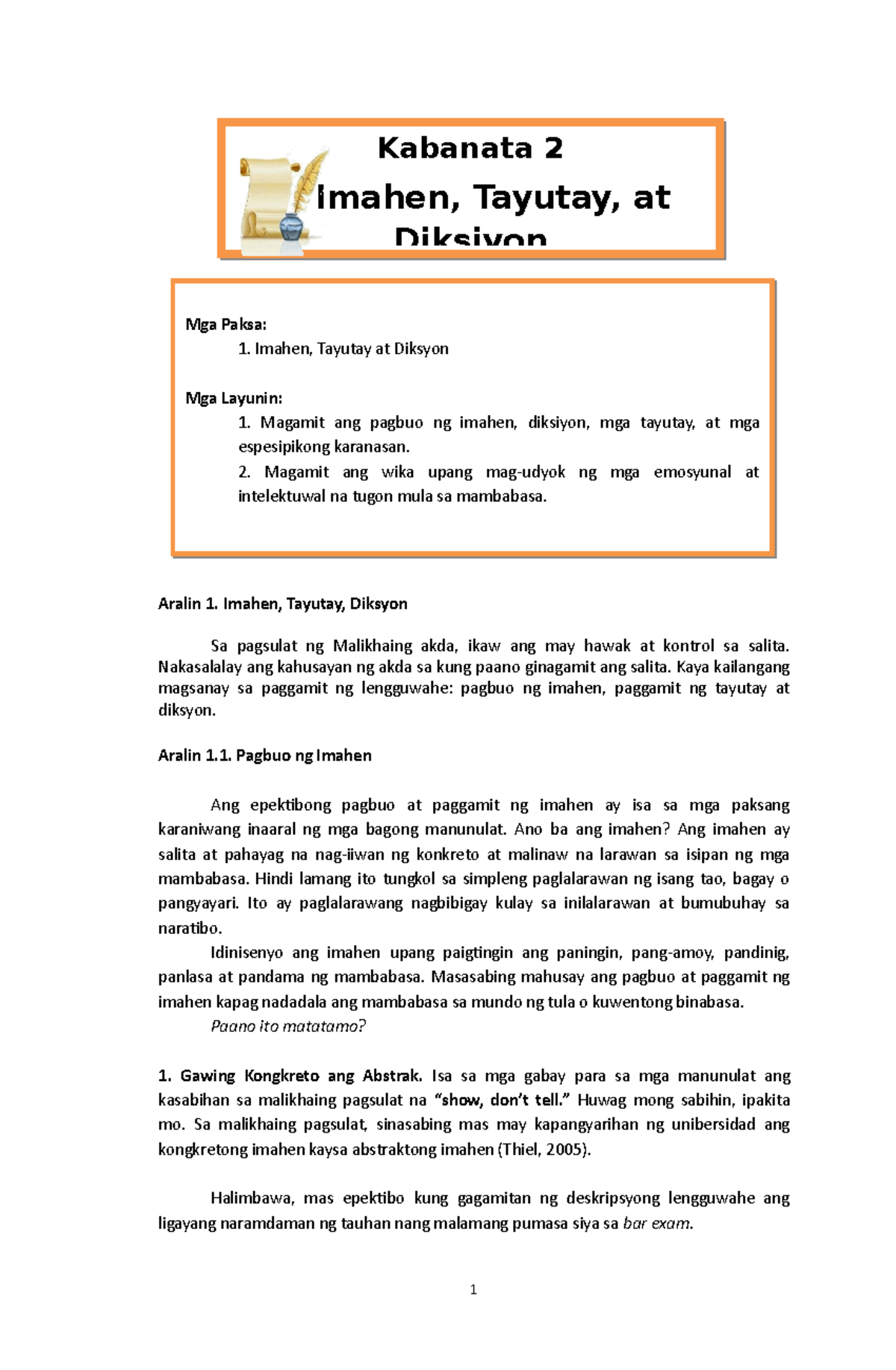 Malikhaing Pagsulat Kabanata 2 - Aralin 1. Imahen, Tayutay, Diksyon Sa ...
