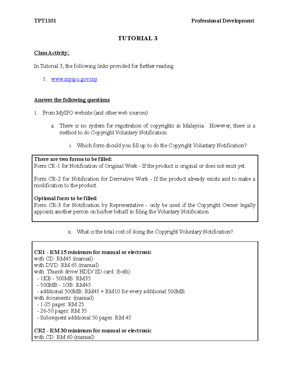 TPT1101 Tutorial 3 (Intellectual Property I) - TUTORIAL 3 Class ...