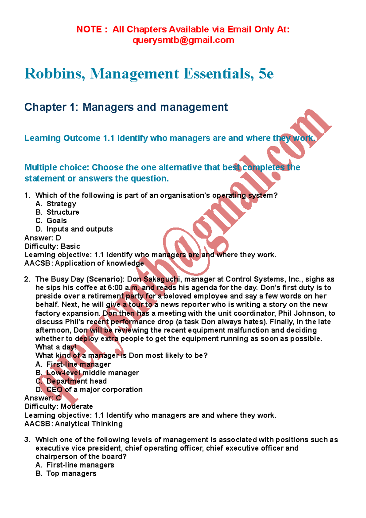 Test Bank and Solutions For Management, The Essentials, 5th Australian ...
