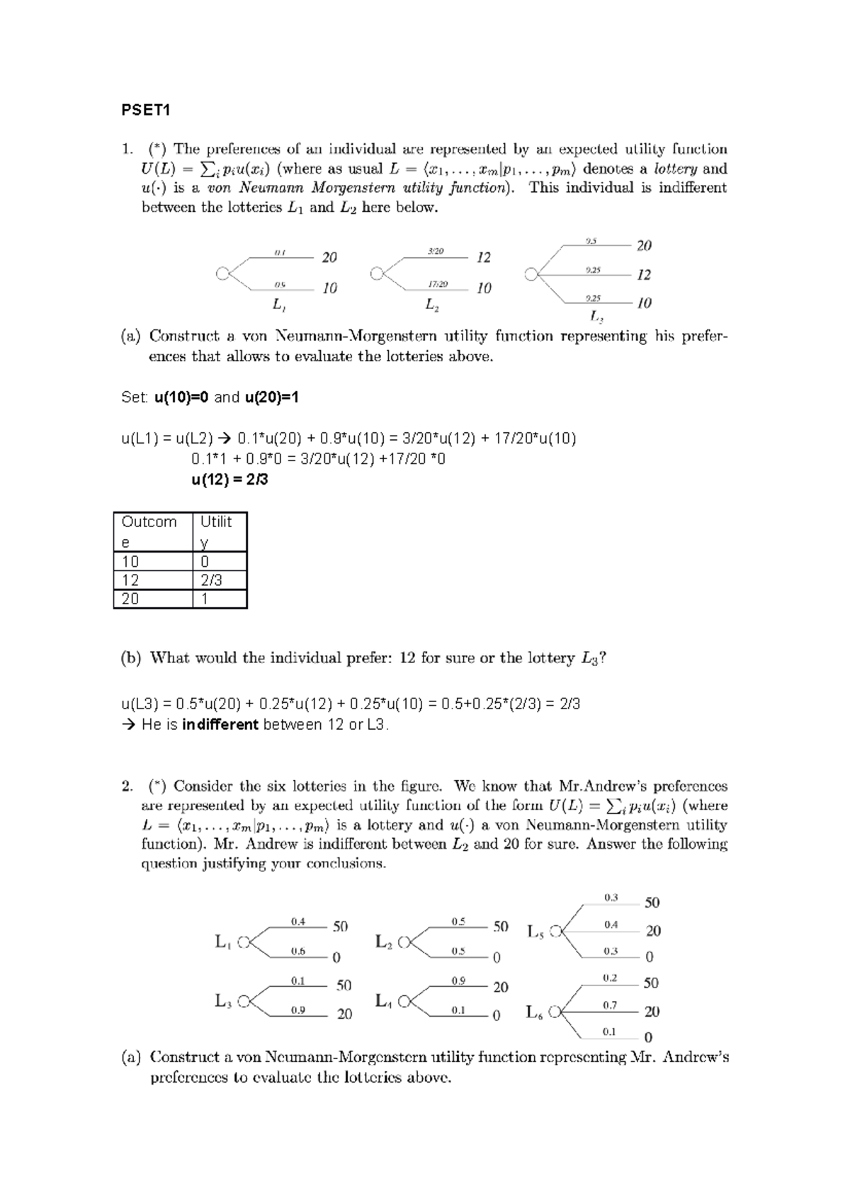PSET1 - Problem SET 1 soluciones Game Theory - PSET Set: u(10)=0 and u(20)= u(L1) = u(L2) 0u(20 ...