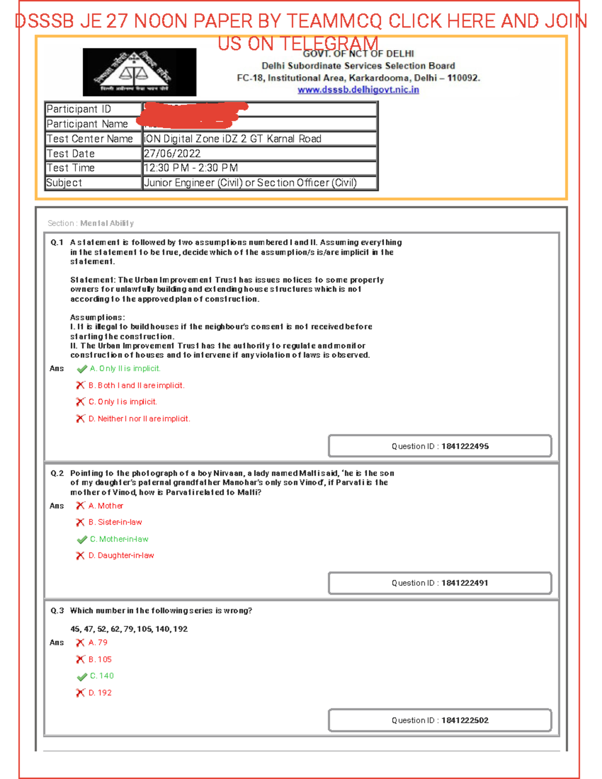 Dsssb JE CE Paper Noon @ Teammcq 27 06 22 - Q A st at ement is f o llo ...
