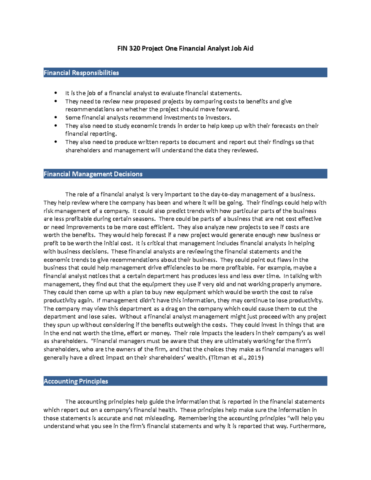 FIN 320 Project One Financial Analyst Job Aid - They need to review new ...