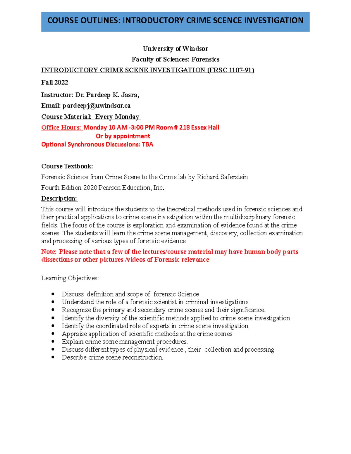 Course Outlines Fall 2020 FRSC 1107-91 - University of Windsor Faculty ...