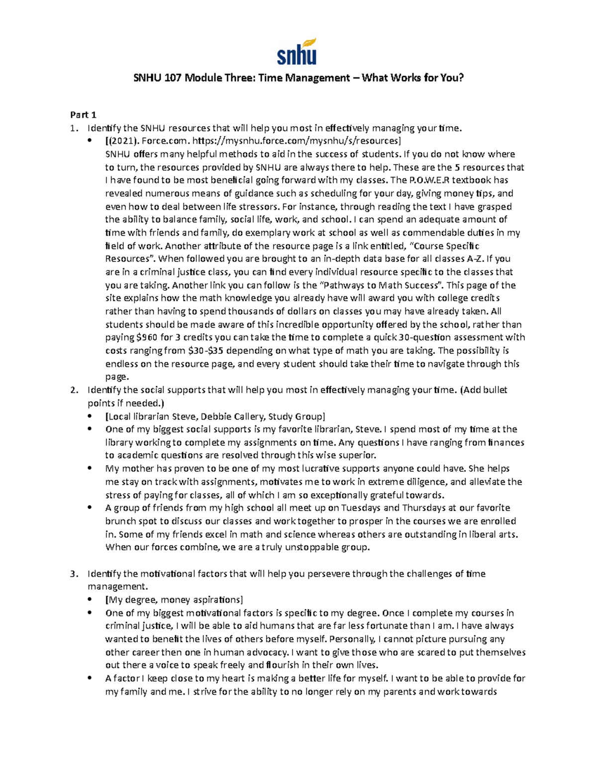SNHU 107 Module Three Time Management - [(2021). Force. mysnhu.force ...