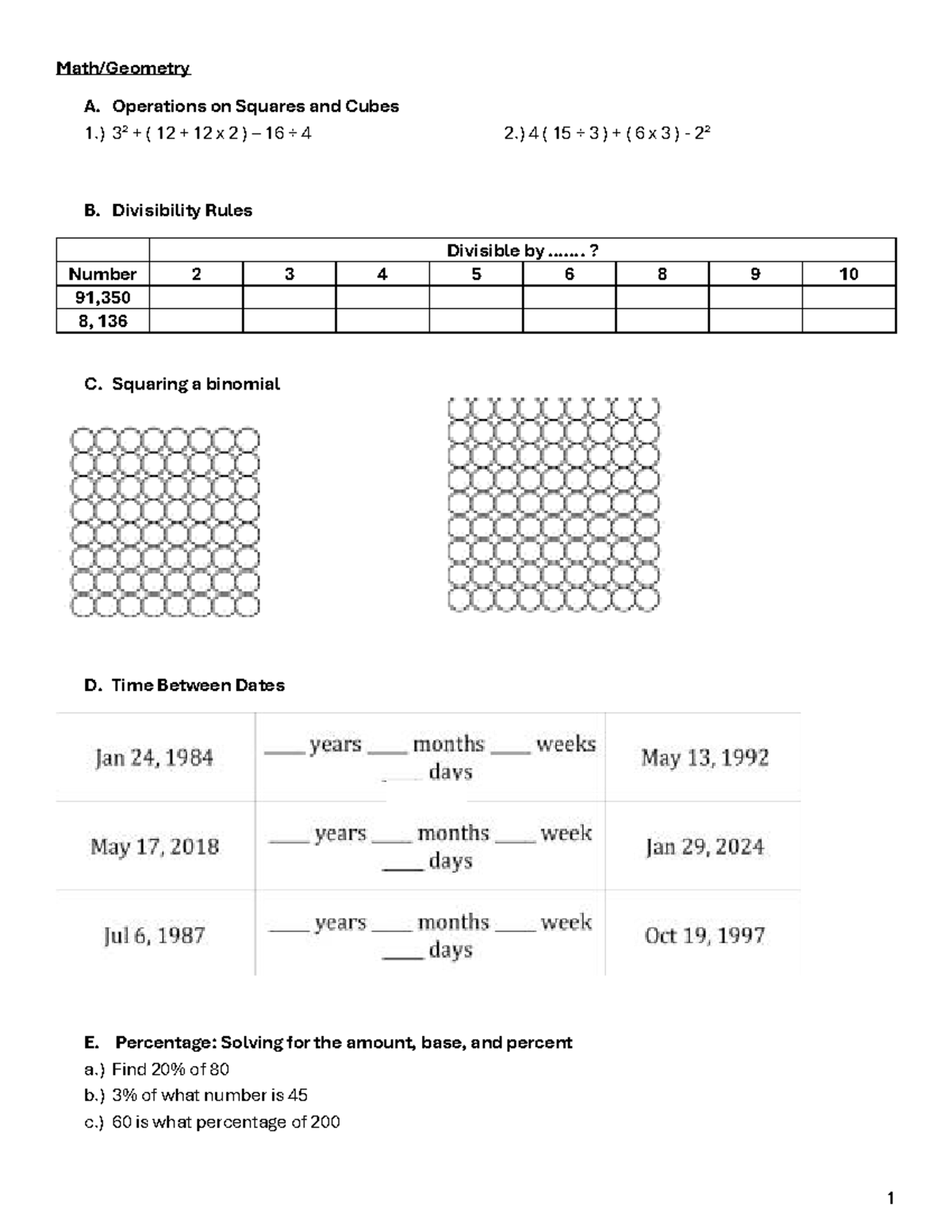 Grade 6 - Math/Geometry A. Operations on Squares and Cubes 1.) 32 ...
