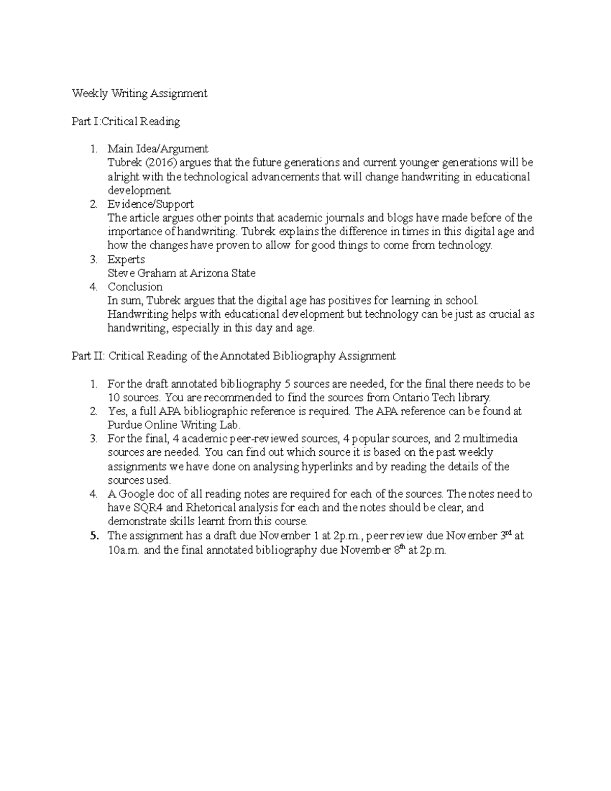 Weekly Writing Oct 31 - Weekly Writing Assignment Part I:Critical ...