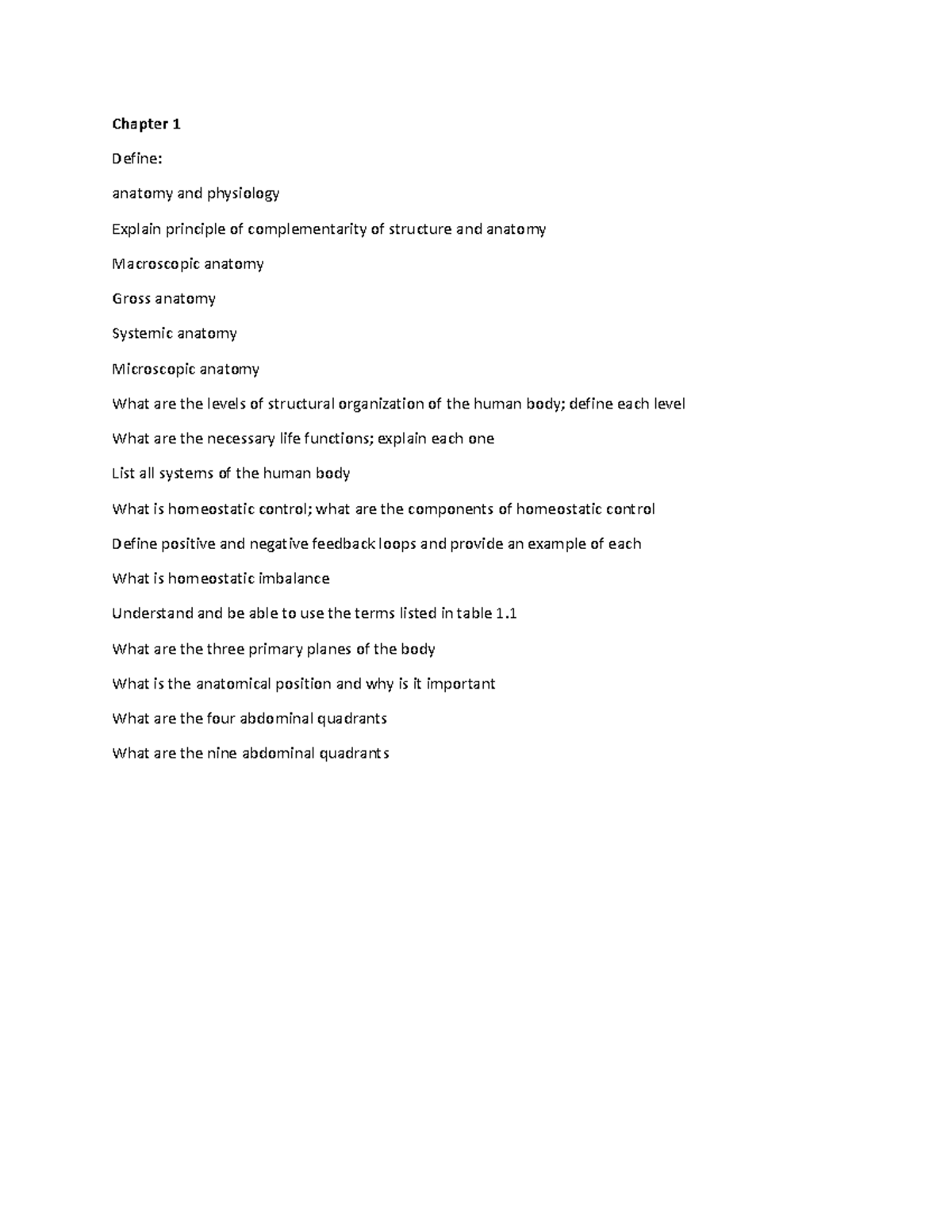 Chapter 1-4 Study Guide - Chapter 1 Define: anatomy and physiology ...