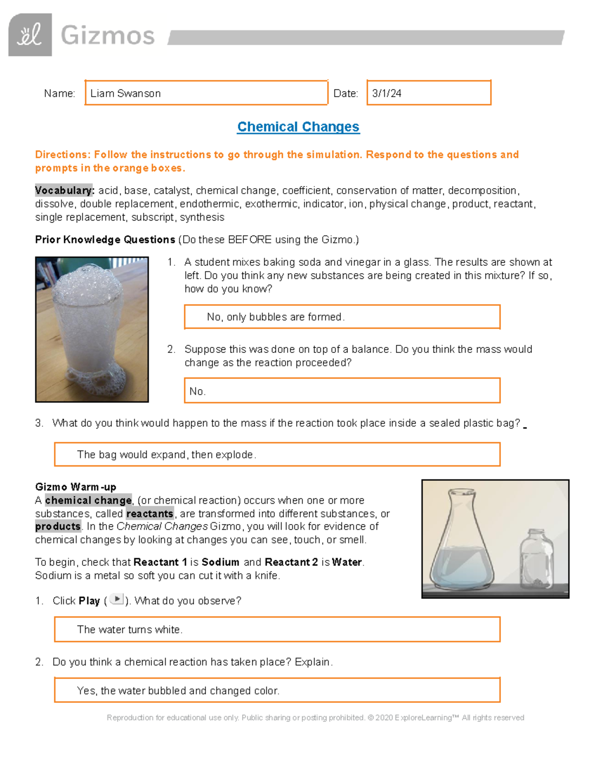 Chemical Changes SE - Name: Liam Swanson Date: 3/1/ Chemical Changes ...
