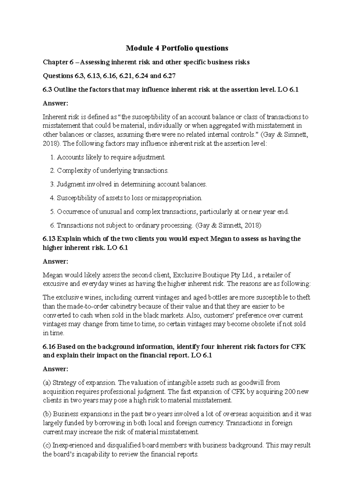 Module 4 Portfolio questions-20747695 - Module 4 Portfolio questions Chapter 6 – Assessing ...