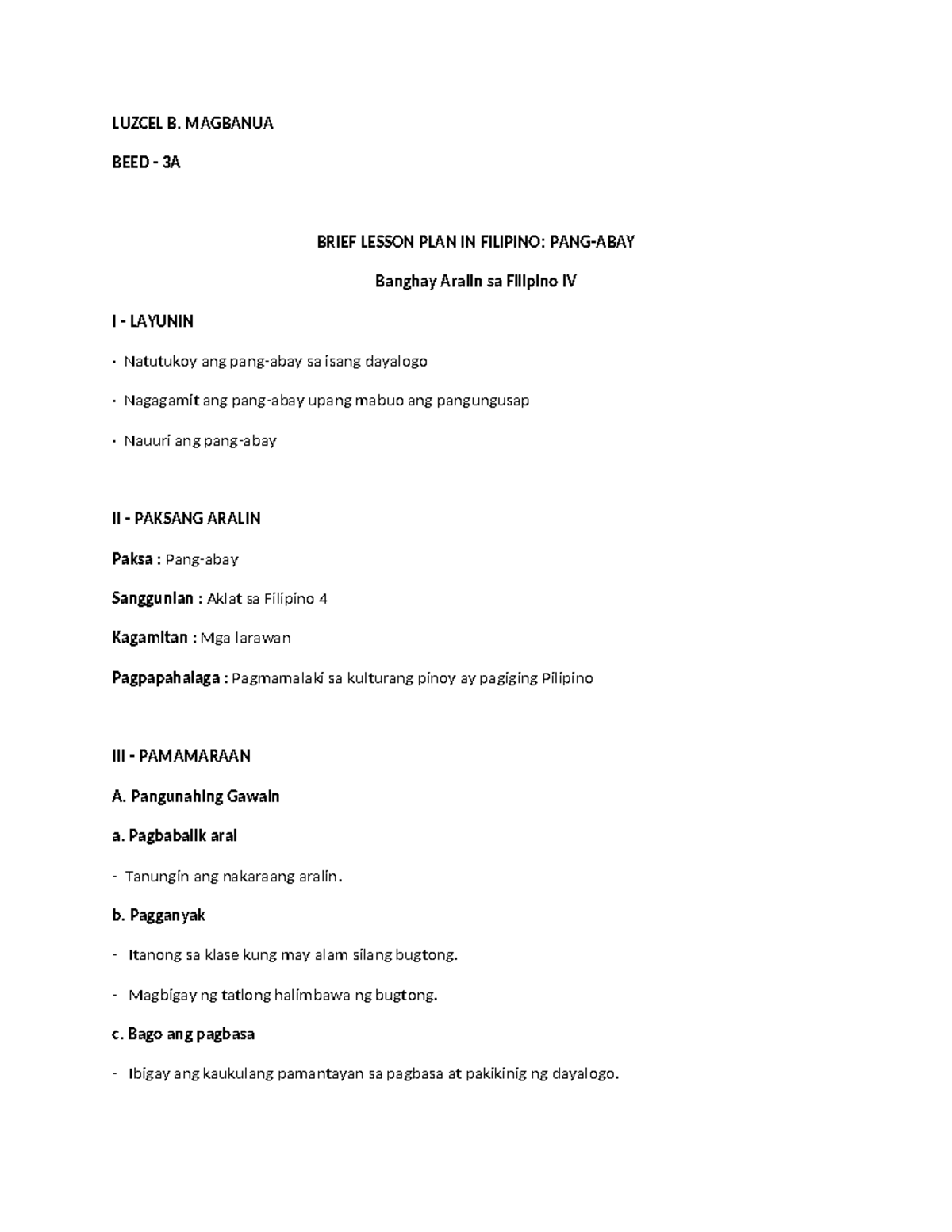 Brief Lesson PLAN1 - Thank you - LUZCEL B. MAGBANUA BEED - 3A BRIEF ...