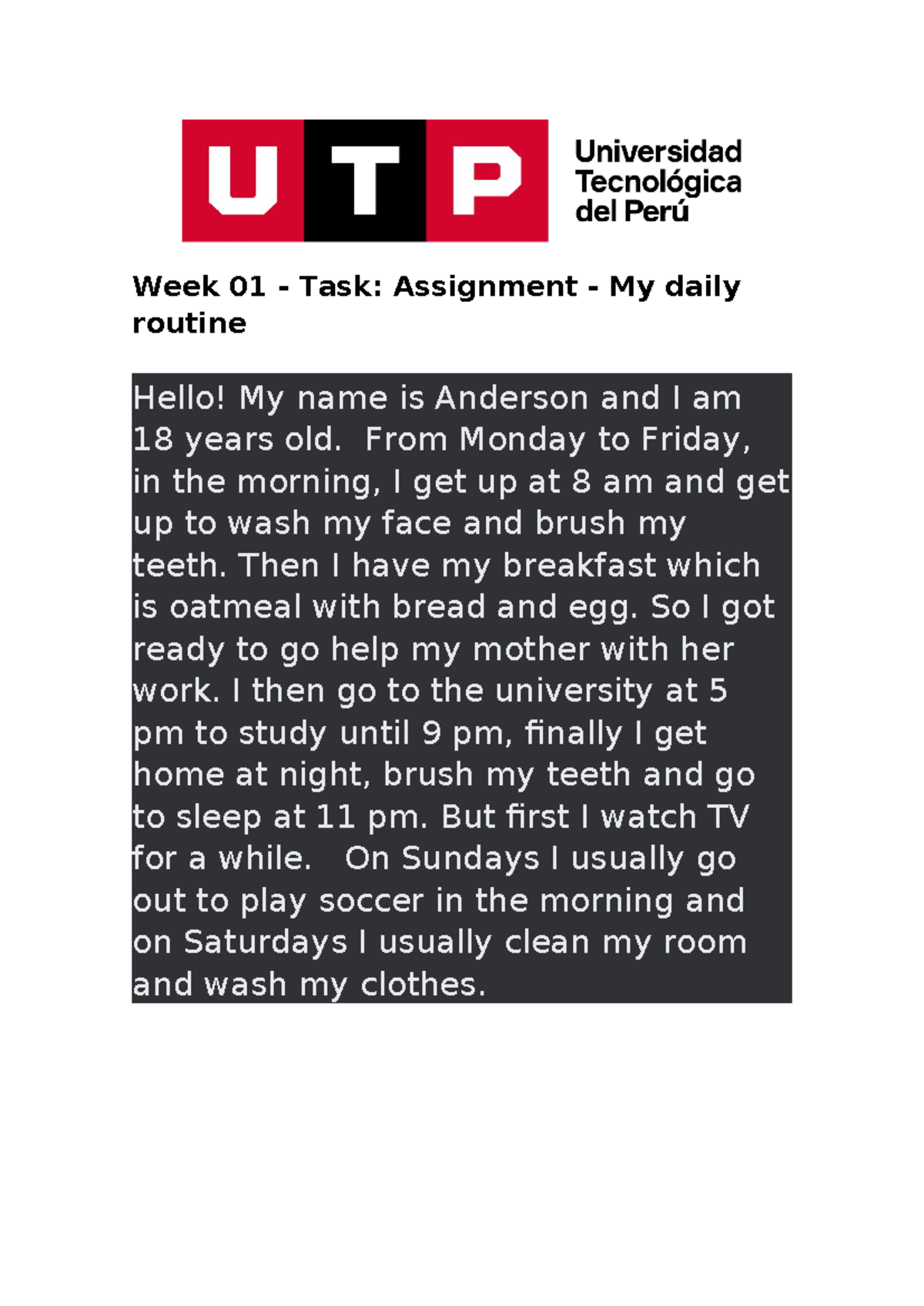 Ingles Rautine - Week 01 - Task: Assignment - My daily routine Hello ...