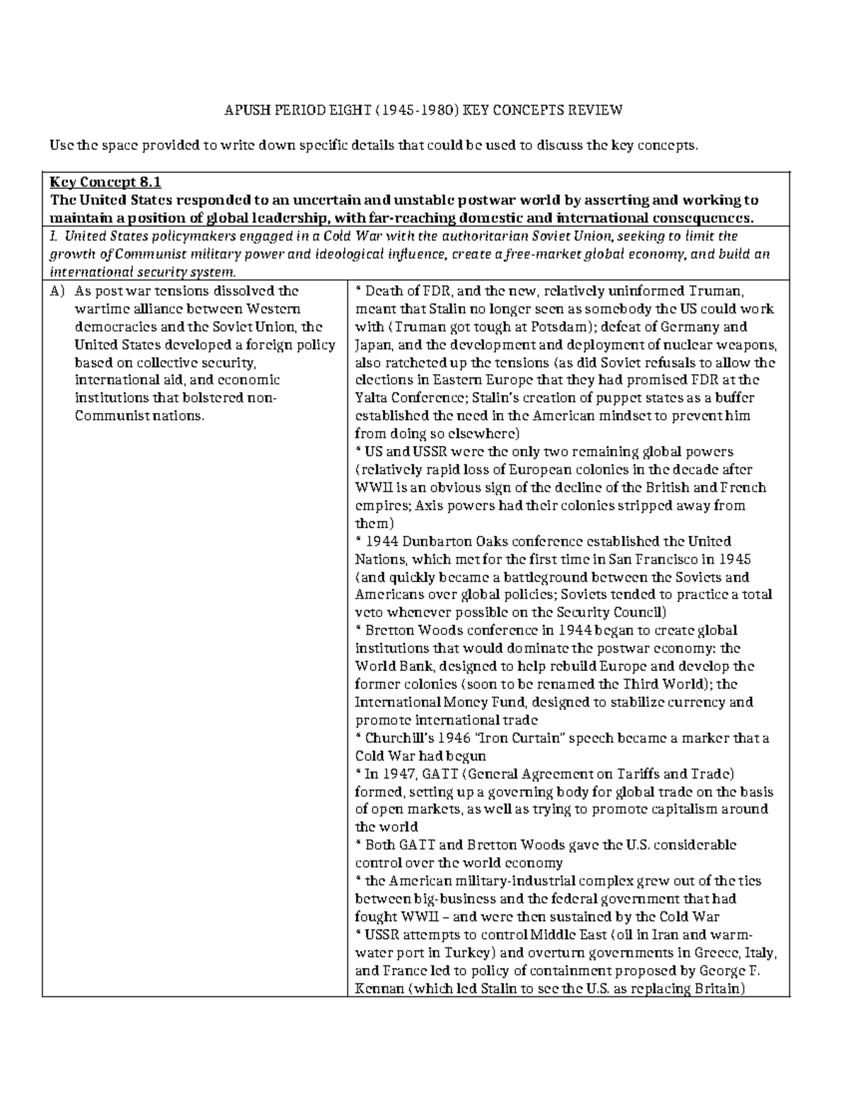 Period eight key concept framework filled in - APUSH PERIOD EIGHT (1945 ...