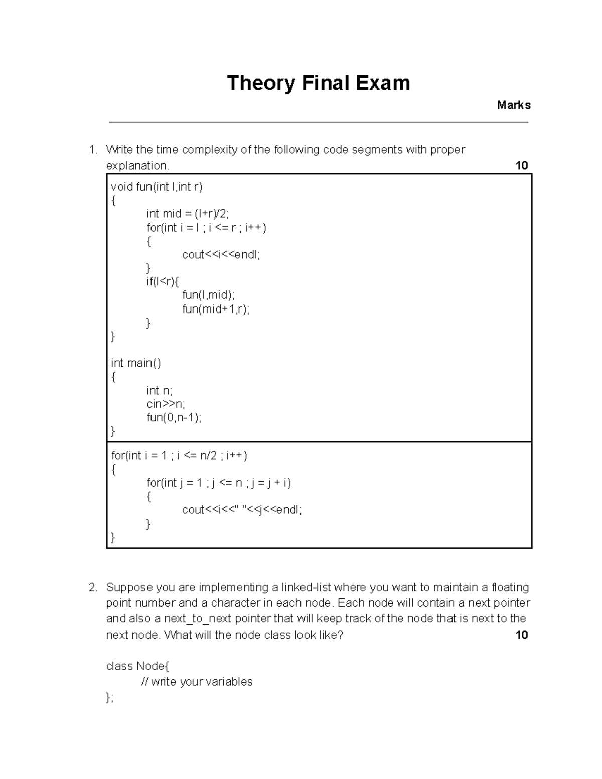 Theory Final Exam Module 31 - Theory Final Exam Marks Write the time ...