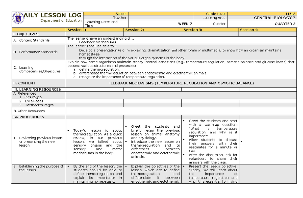 GB2 Q2 WEEK7 - detailed lesson plan for general biology - DAILY LESSON ...