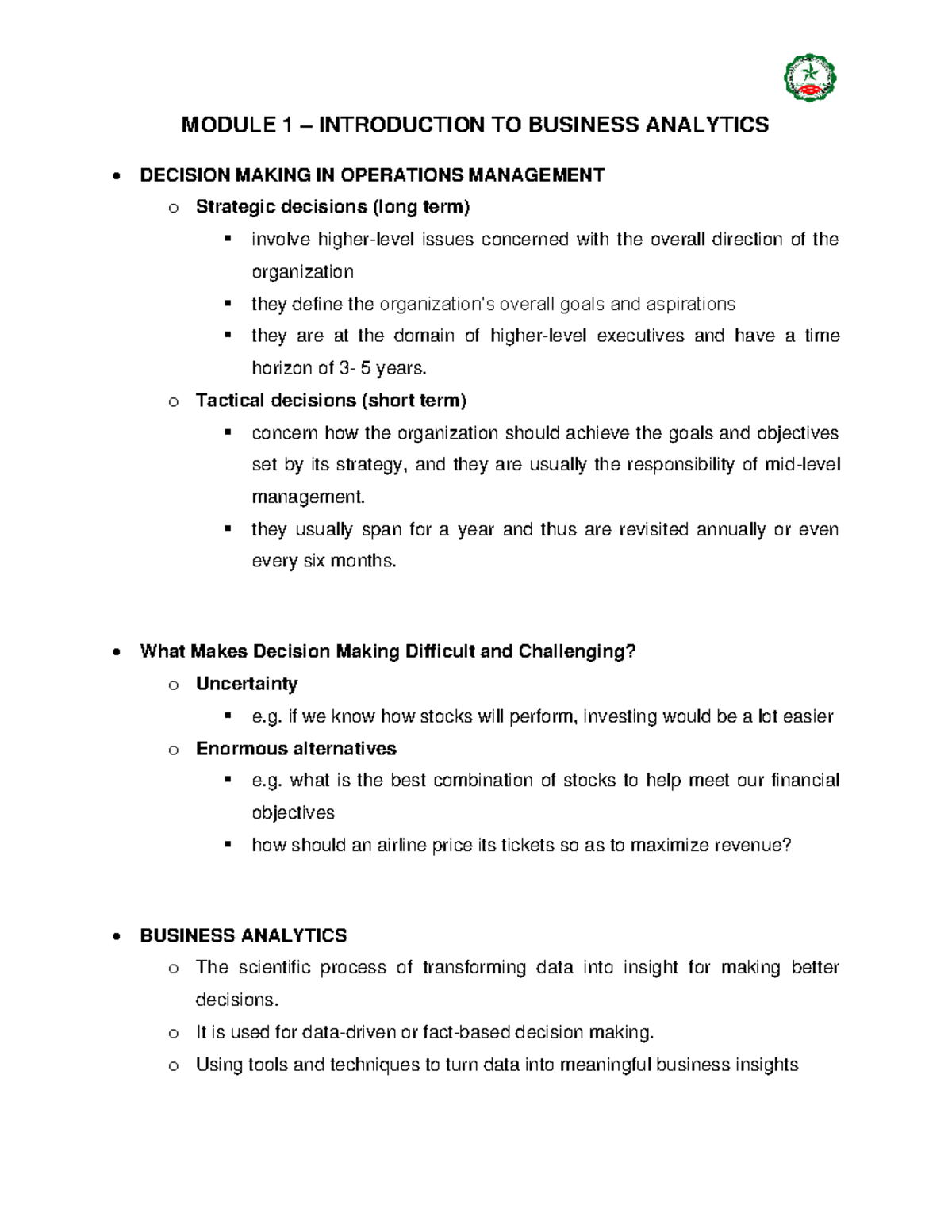 B-MGTC002 Midterm Reviewer M1-M4 - MODULE 1 – INTRODUCTION TO BUSINESS ANALYTICS • DECISION ...