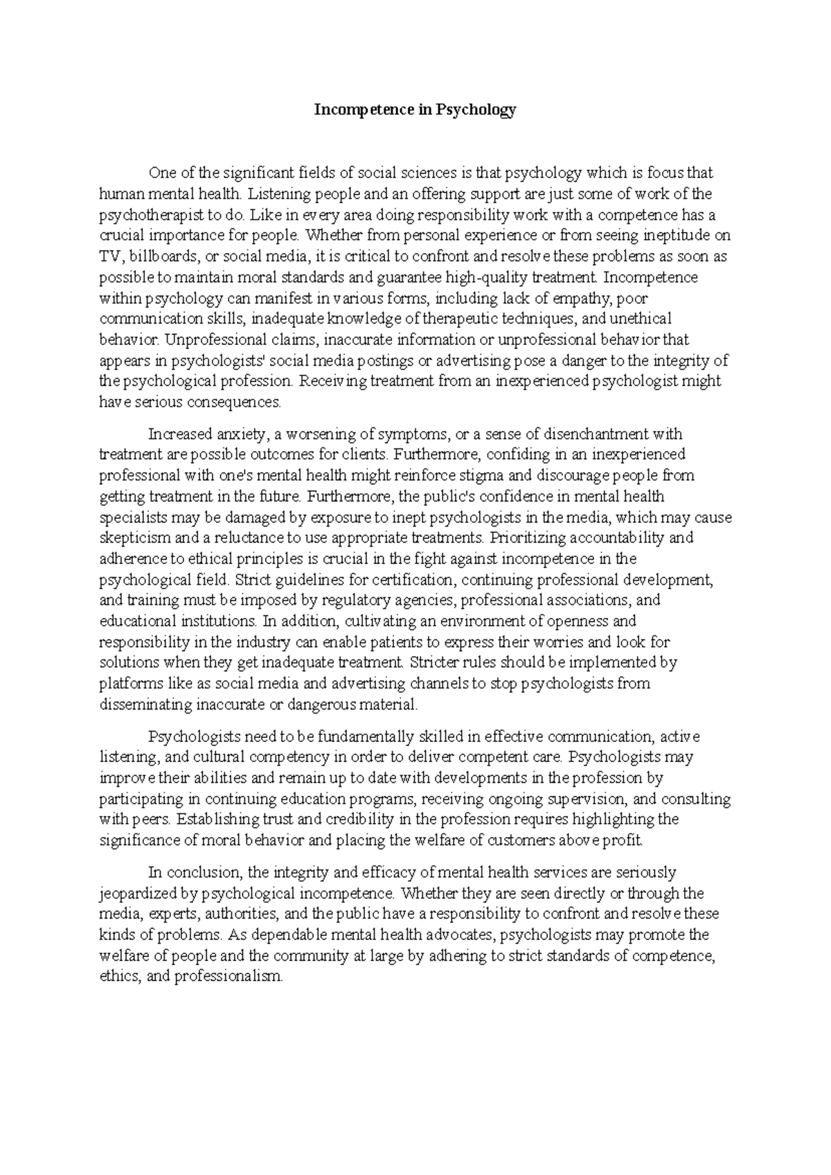 Competence - notes - Incompetence in Psychology One of the significant ...