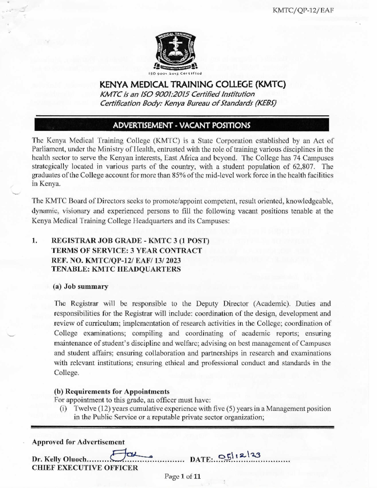 KMTC-Vacancy-Advertisement - Clinical medicine - Studocu