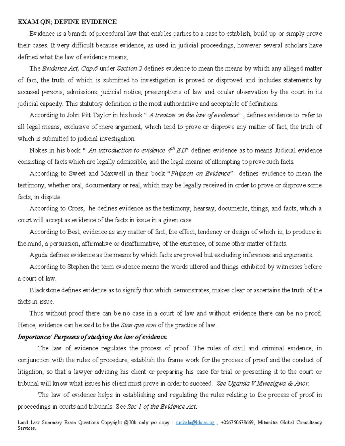 EXAM 2 mitala evidence law exam summary final - EXAM QN; DEFINE ...