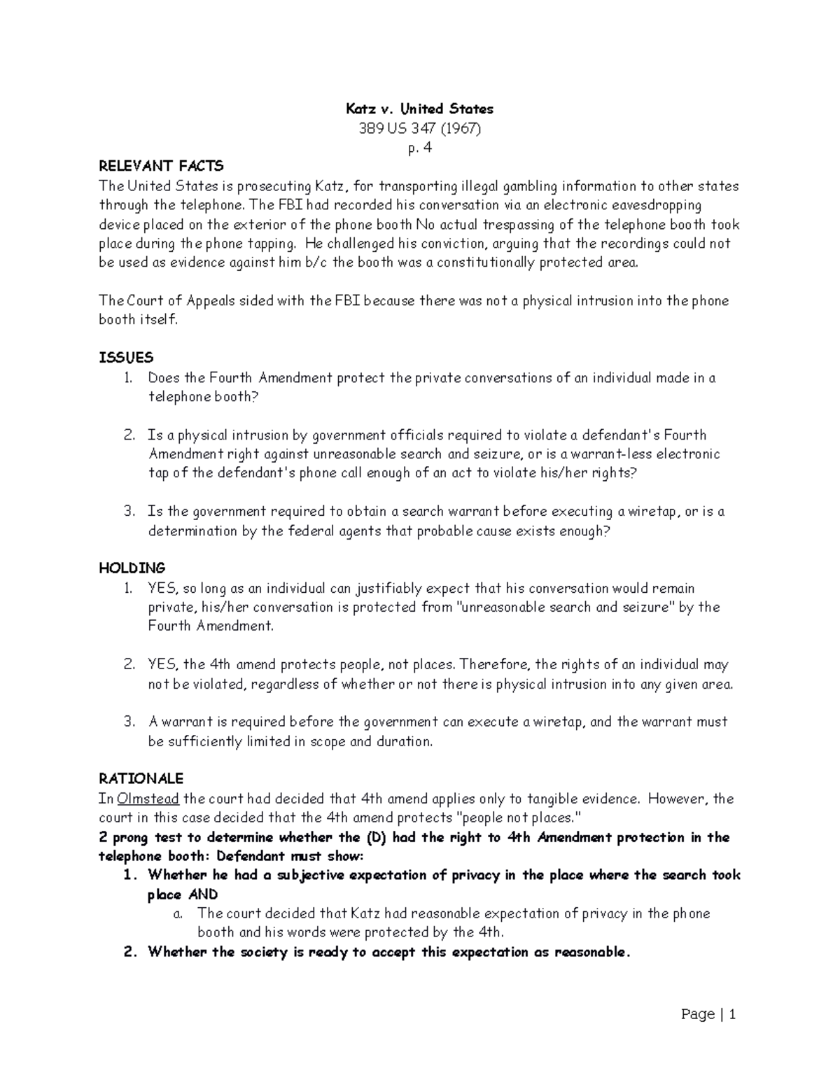 Crim pro briefs - n/a - Katz v. United States 389 US 347 (1967) p. 4 ...