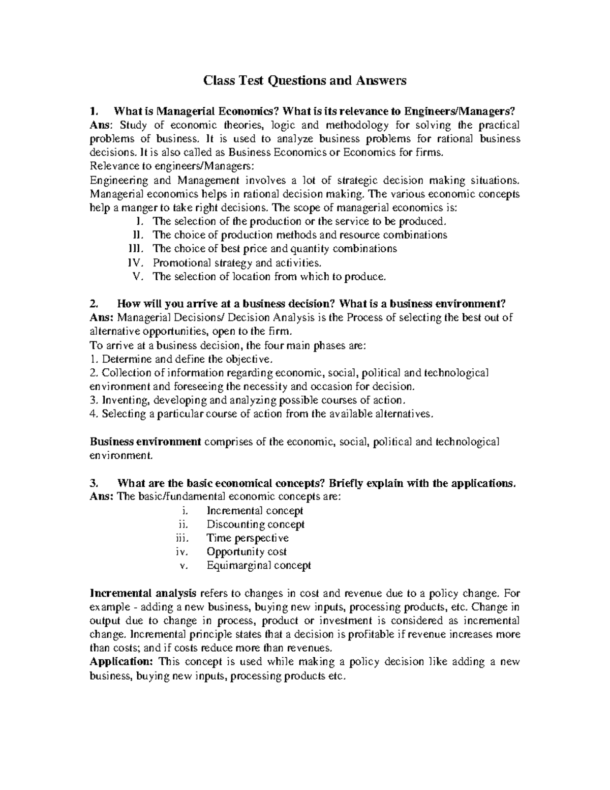 Managerial Economics Questions And Answers Class Test Questions And