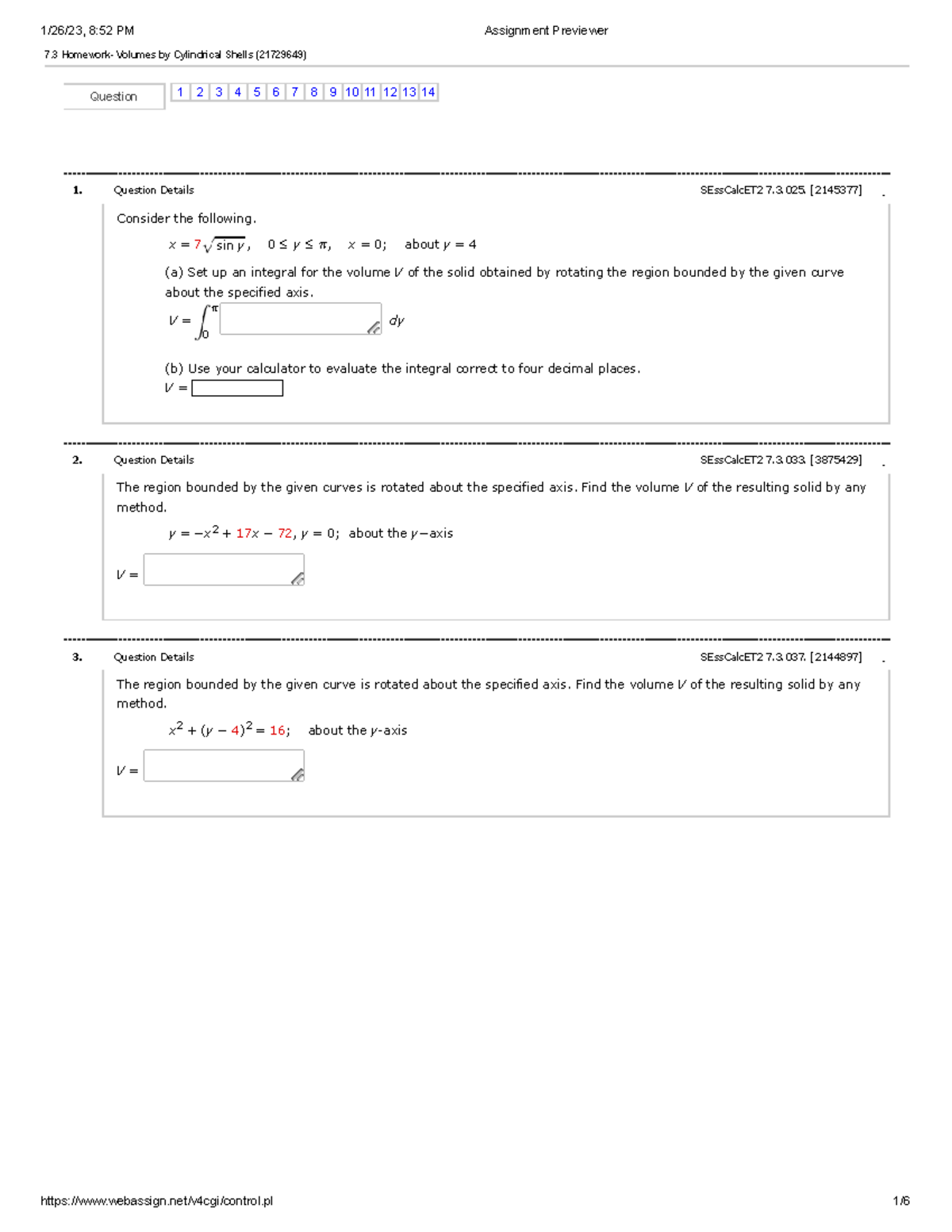 HW - Volumes by cylindrical shells - Question 1 2 3 4 5 6 7 8 9 10 11 ...