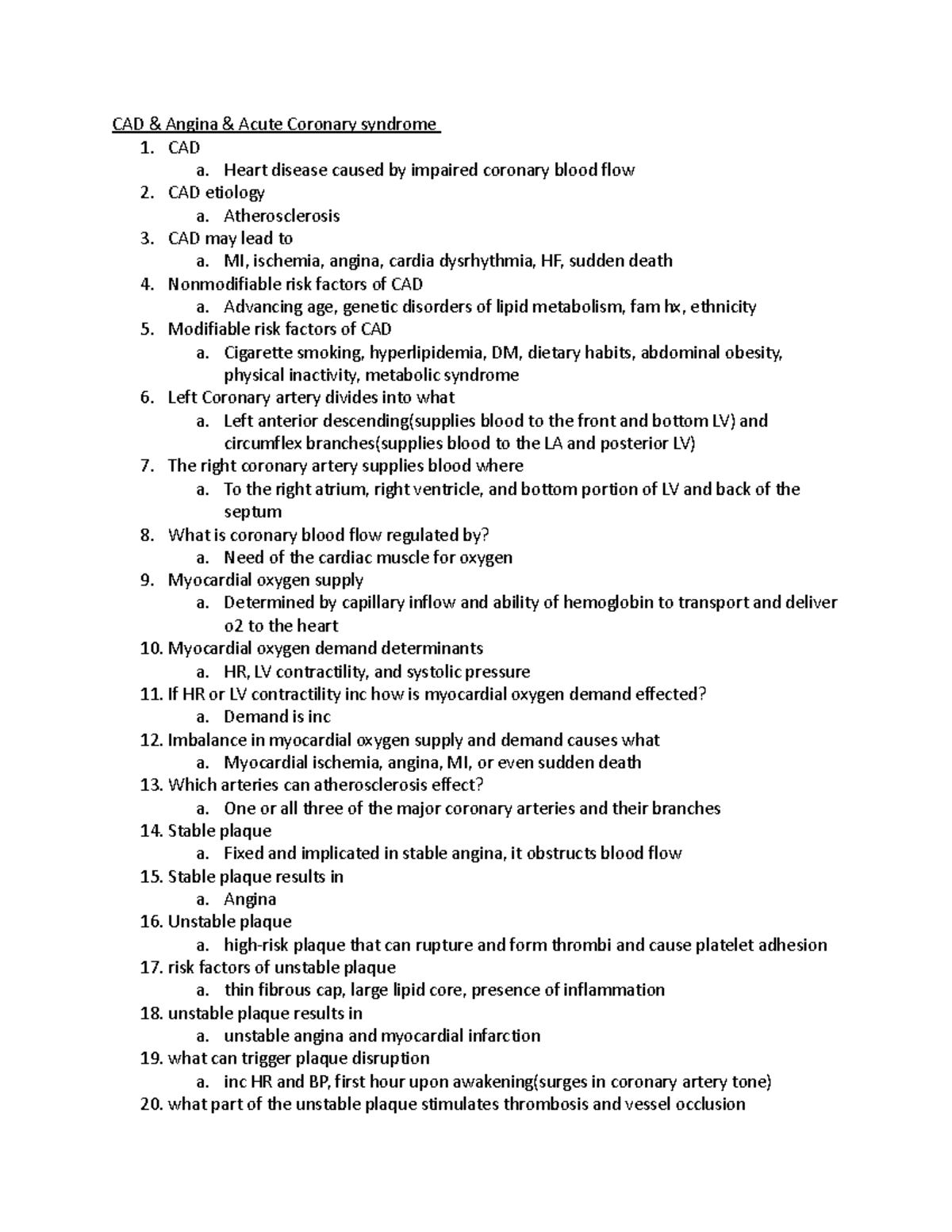 Patho Exam 4 - exam lecture notes - CAD & Angina & Acute Coronary ...