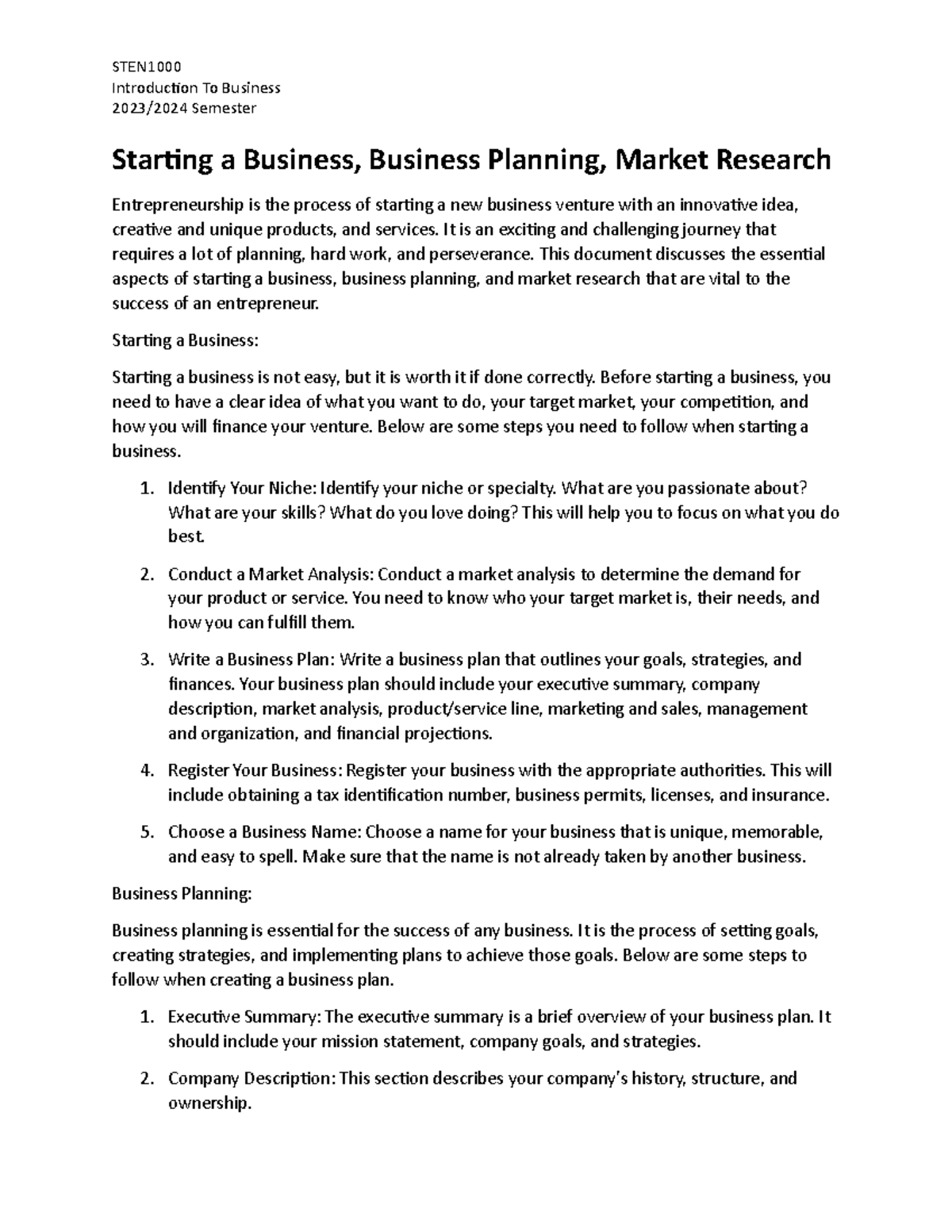 Starting a Business, Business Planning, Market Research - STEN ...