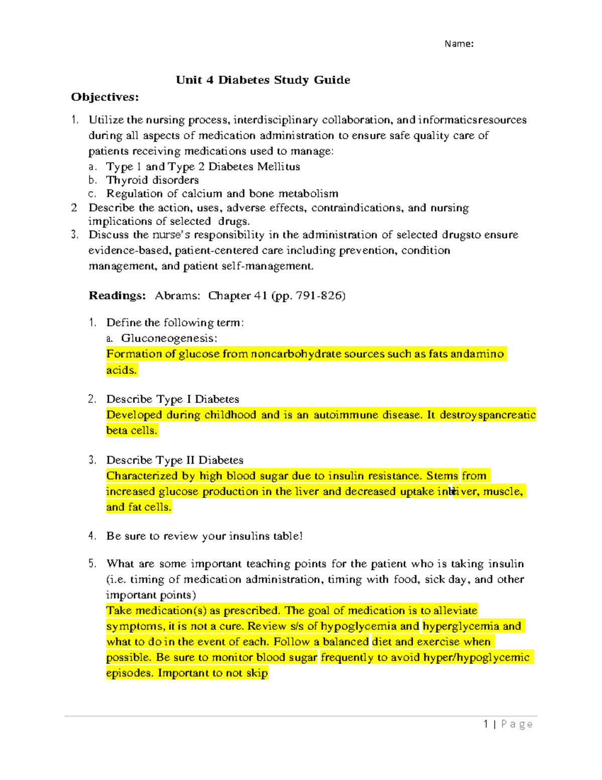 Unit 4 Diabetes Study Guide FA 20 - Objectives: Unit 4 Diabetes Study ...