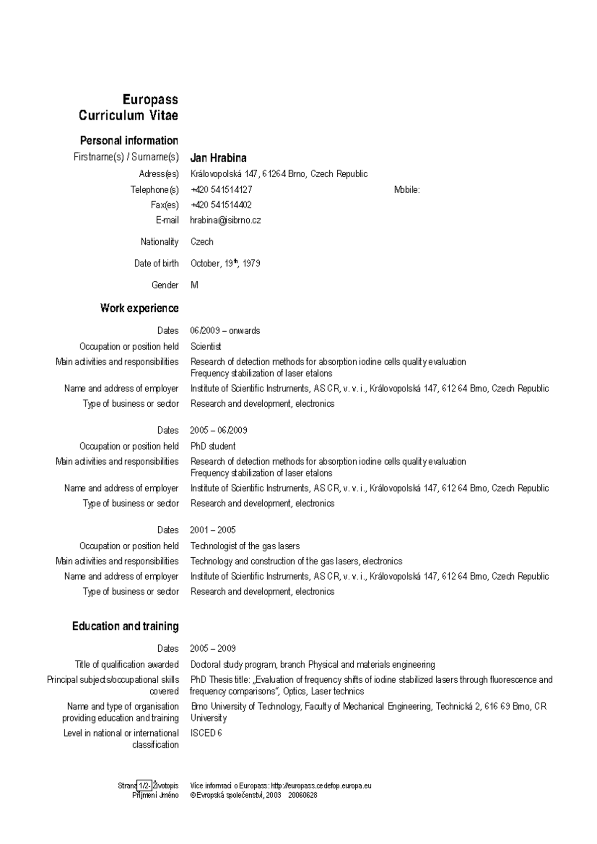 100084941 quot Europass formquot structured CV in PDF format isibrno ...